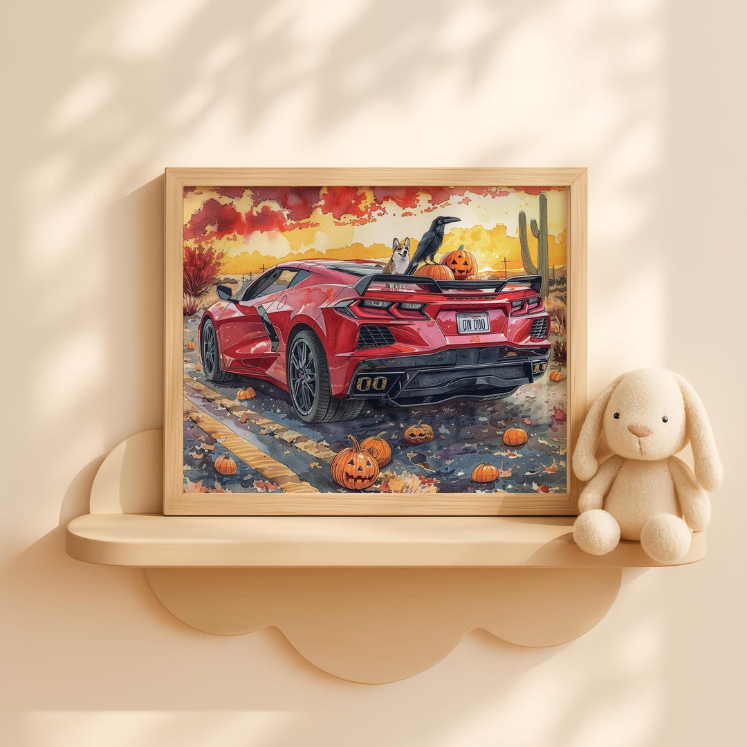 Corvette on Desert Highway With Pumpkins – Halloween Car Wall Art ...