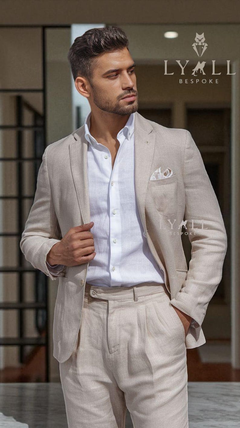 Summer Beige Linen Two Piece Suit for Men, Pure Linen Summer Suit for ...