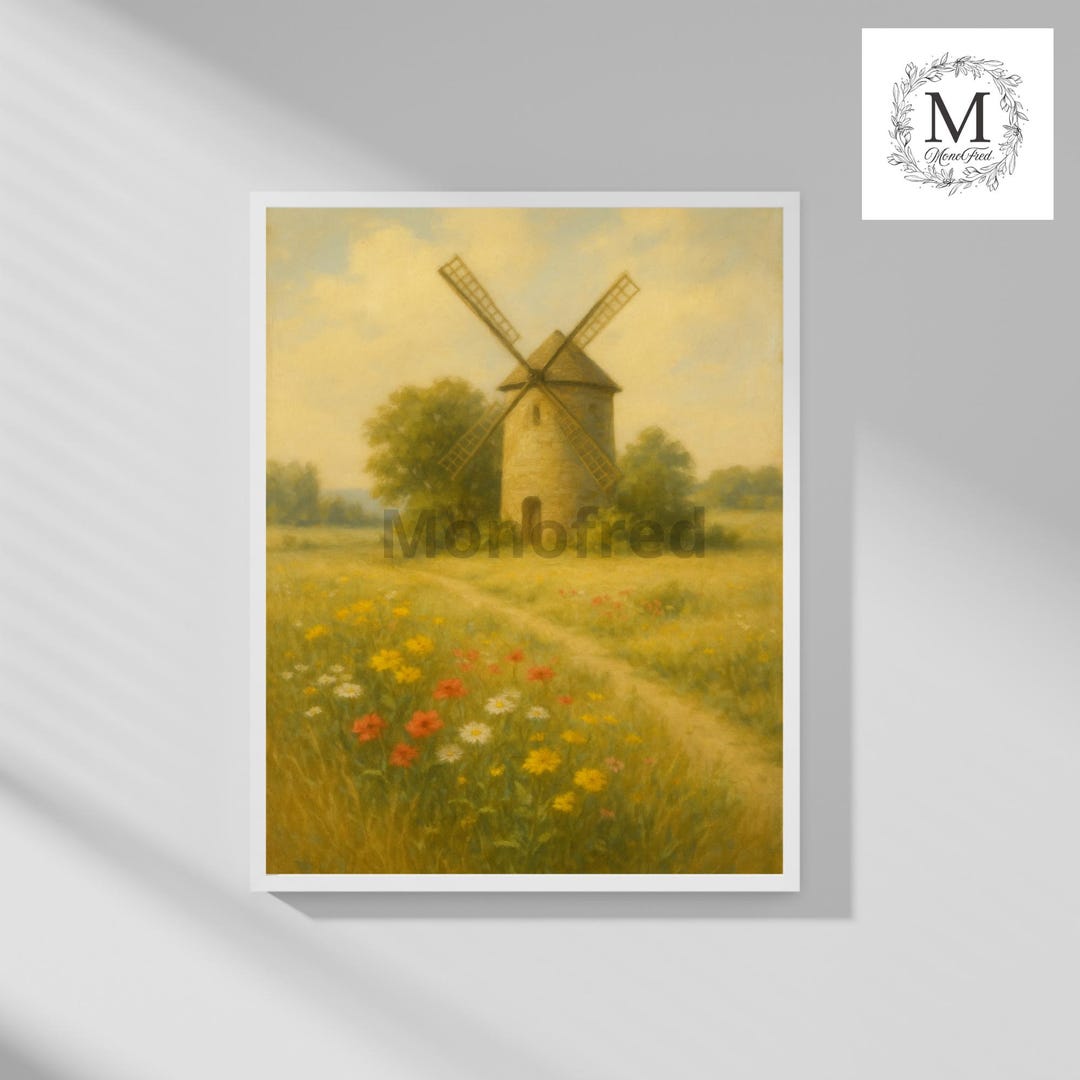 Antique Windmill in Flower Field – Vintage Pastel Oil Painting ...