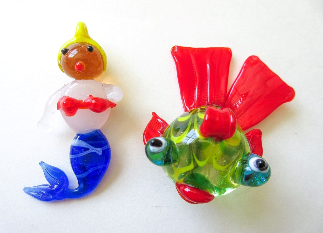 Mermaid & Puffer Fish Ornament Pendants, 2 Vintage Blown Art Glass ON ...