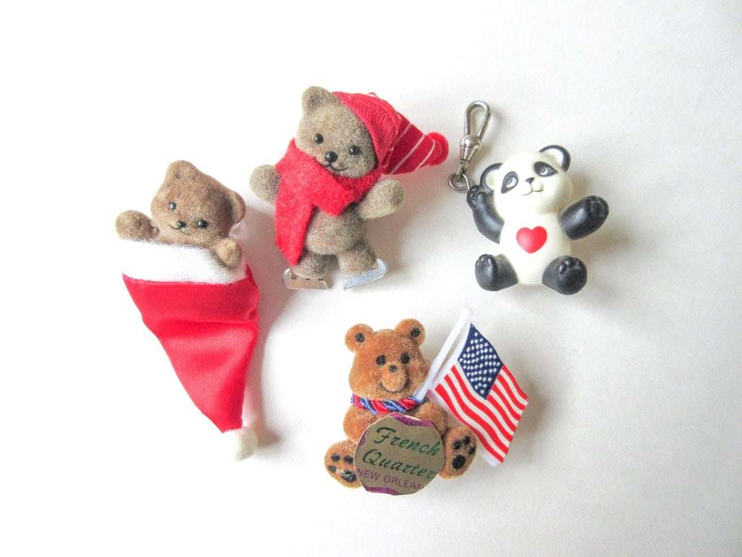 4 Flocked Bears, Fuzzy Avon, Karanne Pins, Panda Zipper Pull, Vintage ...
