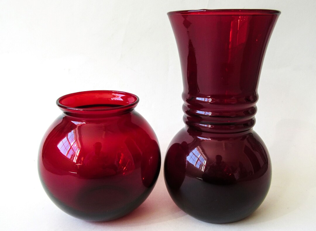 2 Royal Ruby Vases, Ivy Ball & 6" Harding, Anchor Hocking Red ...
