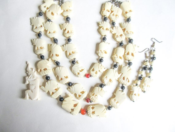 Bone Elephant Necklace & Earrings, 24" Multi Strand V… - Gem