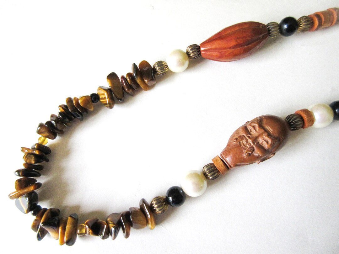 Chinese Hediao Nut Carved Face Necklace, 32" Vintage Mid Century ON ...
