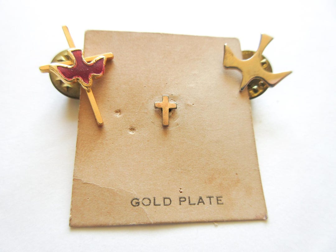 Gold Plate Tiny Cross Tack Pin, 2 Descending Doves, Vintage Mid Century ...