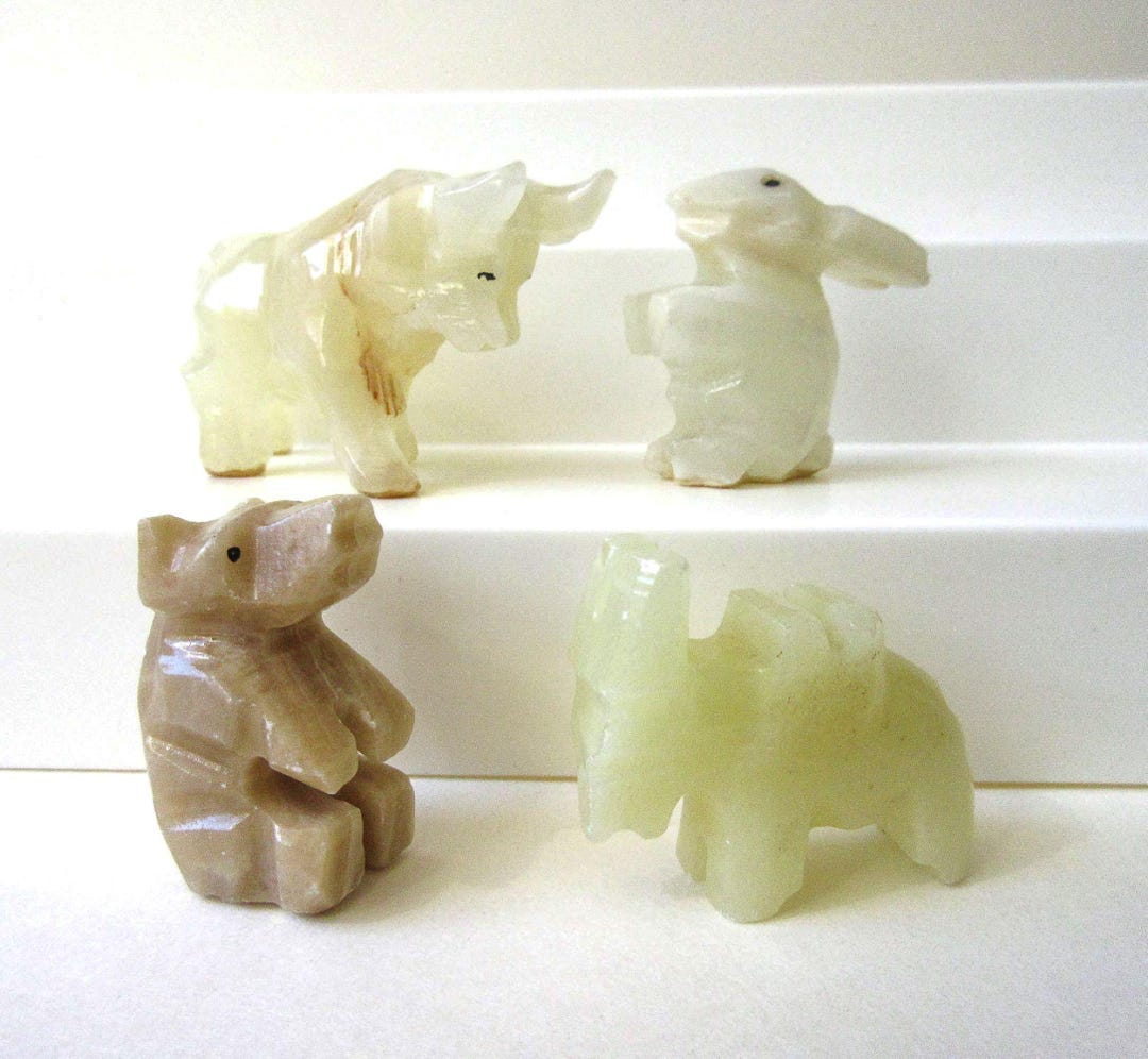 4 Onyx Figurines Bull Rabbit Bear Donkey, Carved Stone Set Small ...