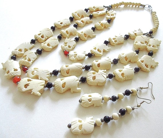 Bone Elephant Necklace & Earrings, 24" Multi Strand V… - Gem