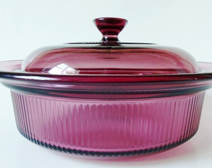 Corning Pyrex Visions Cranberry Casserole With Lid 1 Qt Ribbed Vintage ...