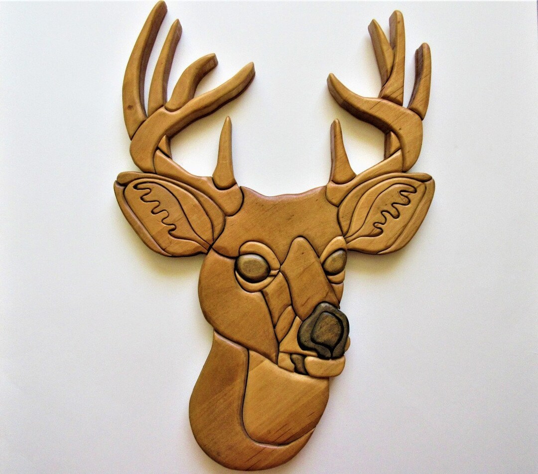 Wood Intarsia Deer Head Wall Hanging, 19 Buck, Vintage Art Plaque ON ...