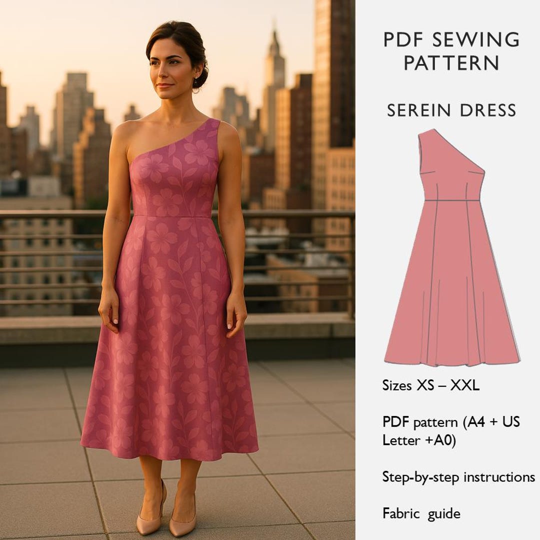 One-shoulder Midi Dress Sewing Pattern — A-line Fitted Bodice Dress ...