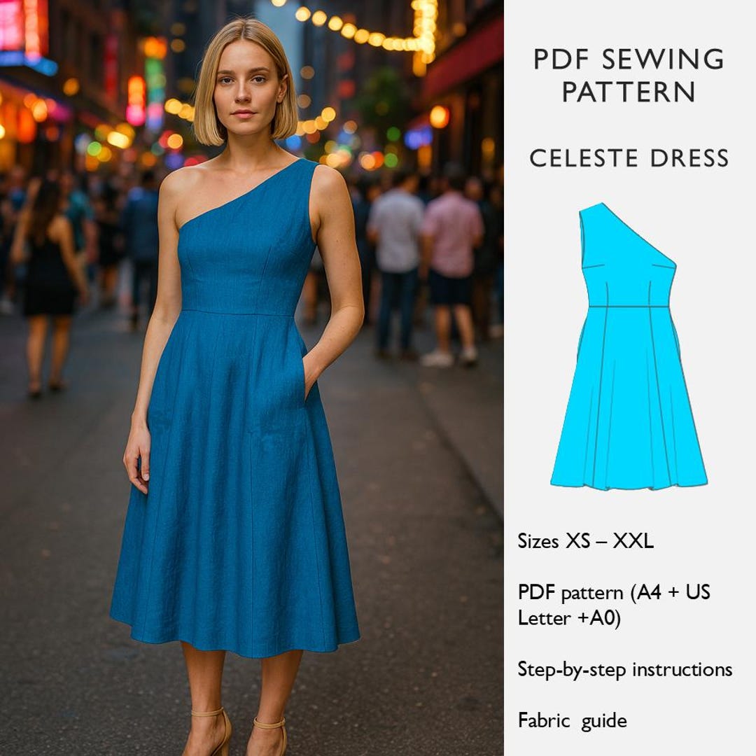One-shoulder Midi Dress Sewing Pattern - Flared Skirt and Pockets ...