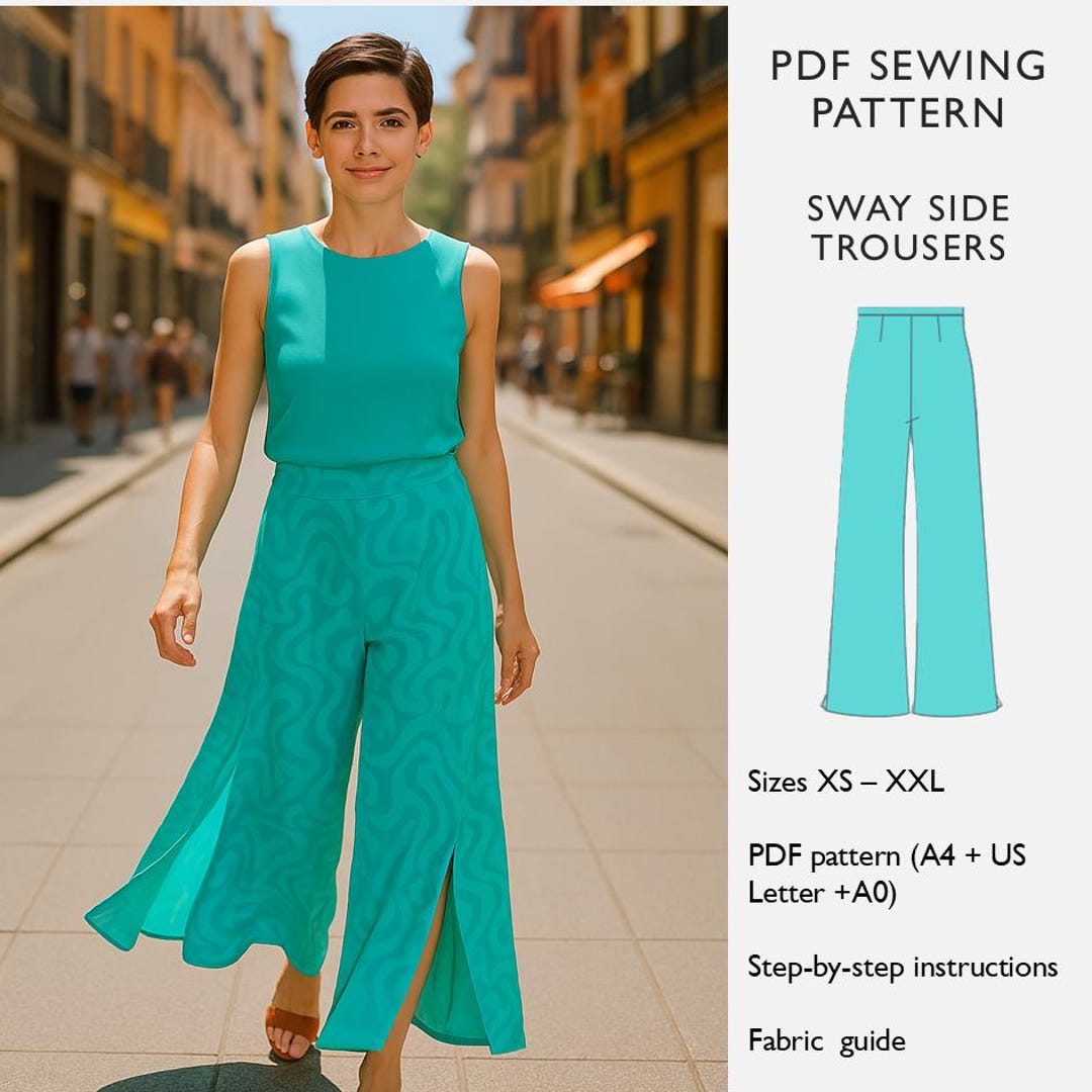 Wide Leg Trousers Sewing Pattern – Side Slits – PDF Digital Download ...