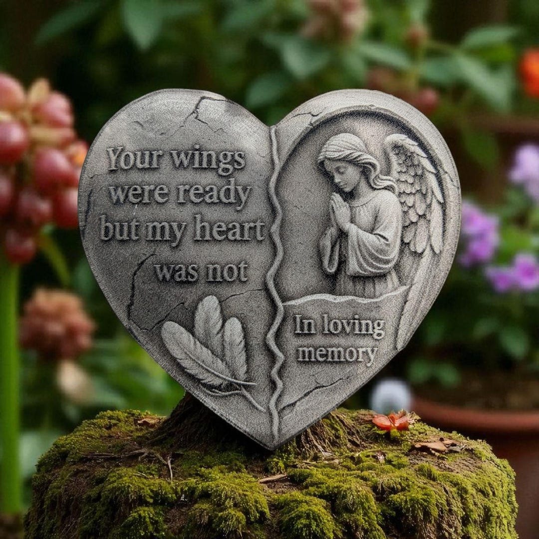 Heart Shaped Memorial Plaque With Feather & Angel | Grave Marker ...