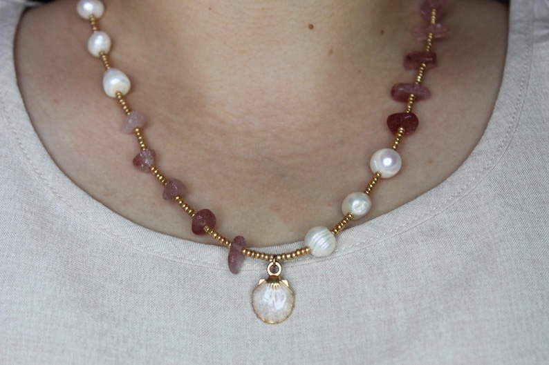 Freshwater Pearl Strawberry Quartz Necklace, Handmade Gemstone Beaded ...