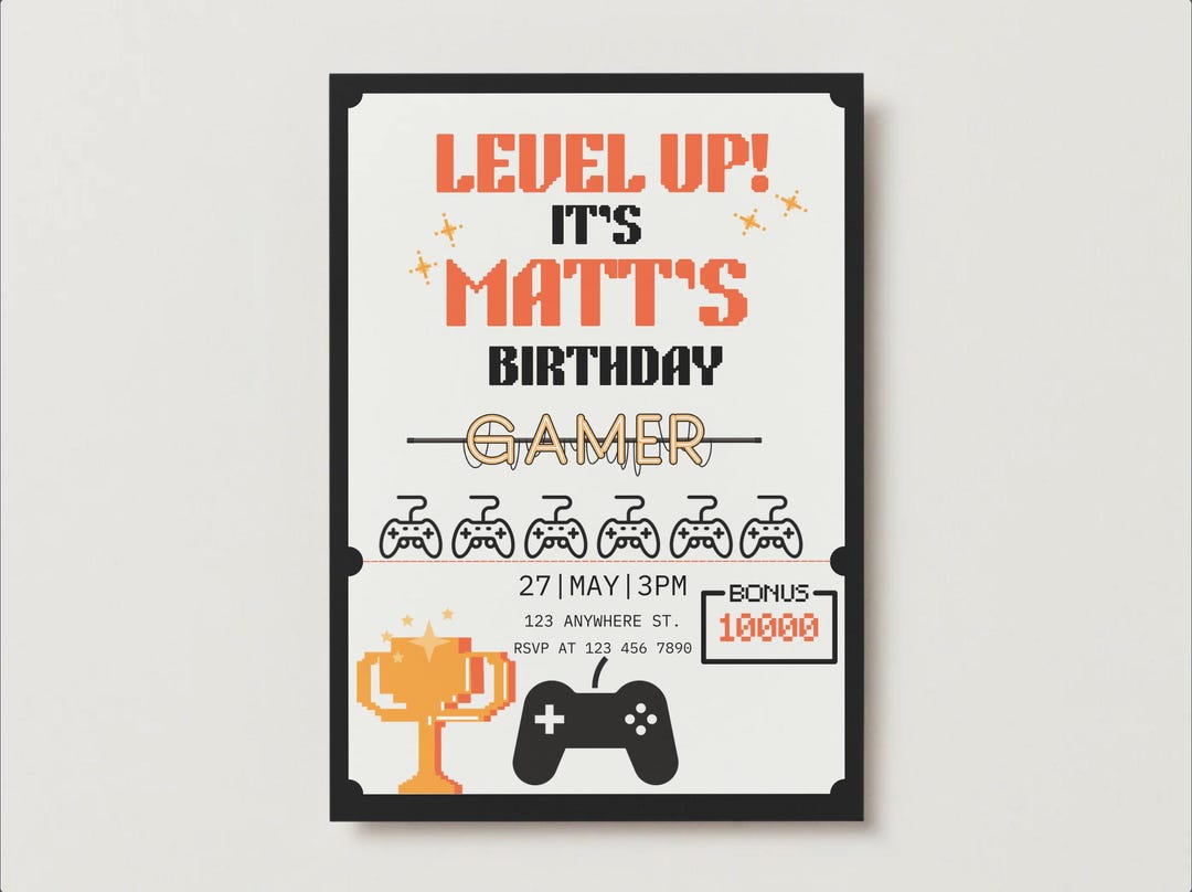 Level up Birthday Invitation | Gamer Party Invite | Printable Video ...