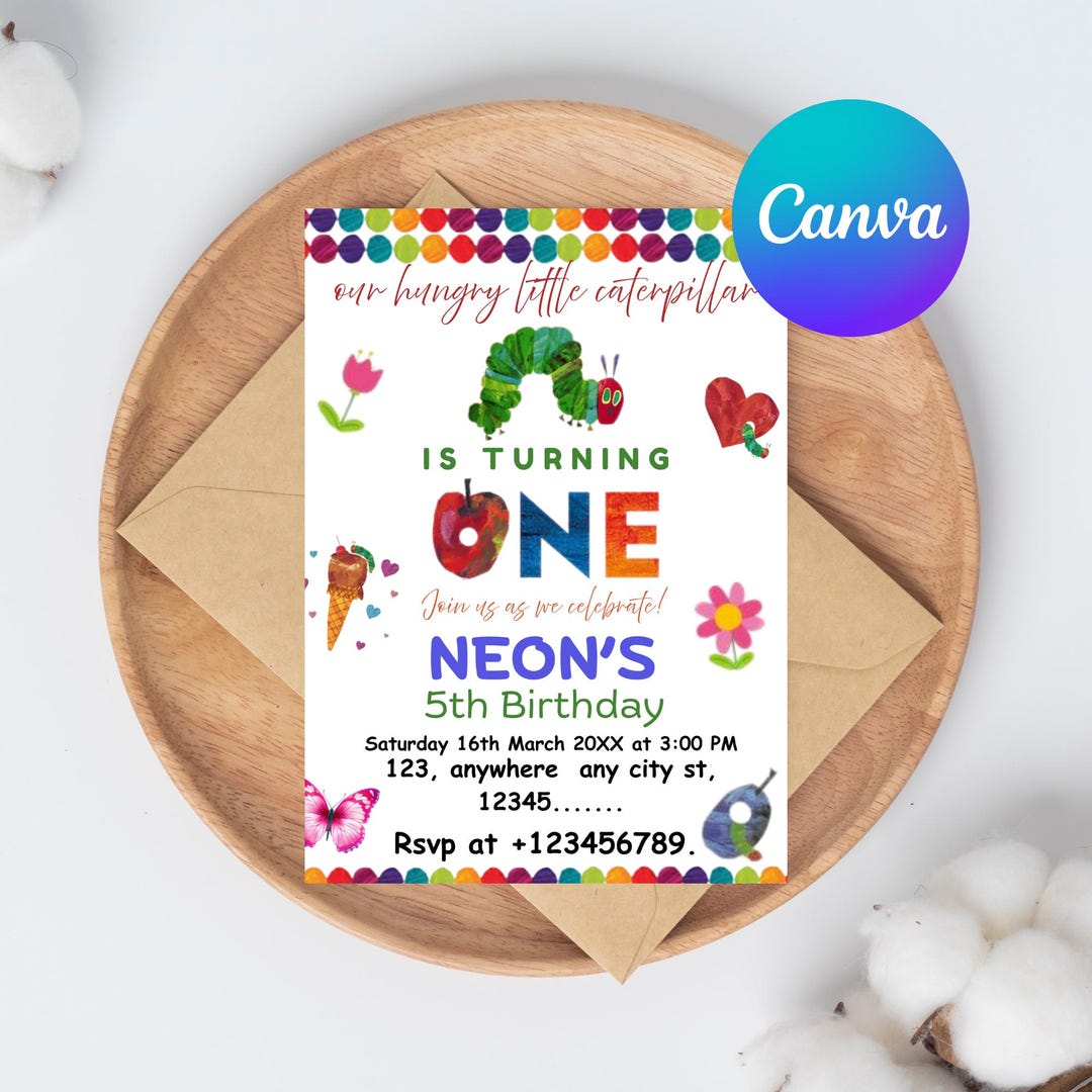 Hungry Caterpillar 1st Birthday Invitation: Editable Canva Template - Etsy