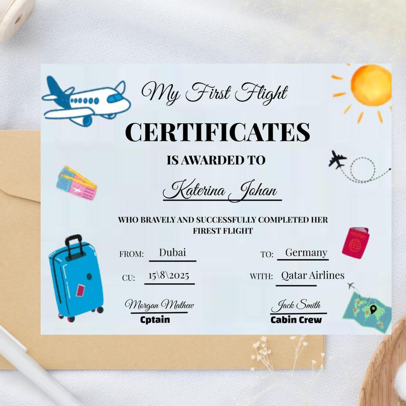 Editable First Flight Certificate Template: Kids Airplane Souvenir (PDF Download) - Etsy Canada