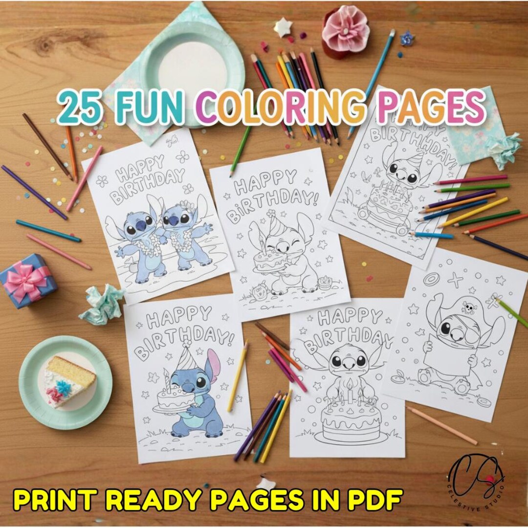 Tropical Stitch Birthday Coloring Pages | Kids Party Activity (digital ...