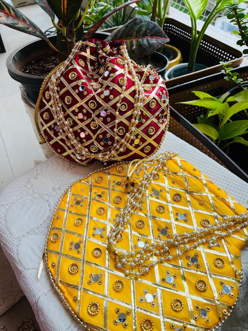 Handmade Silk Potli Bag With Gota Lace & Pearl Handle | Mirror Work ...