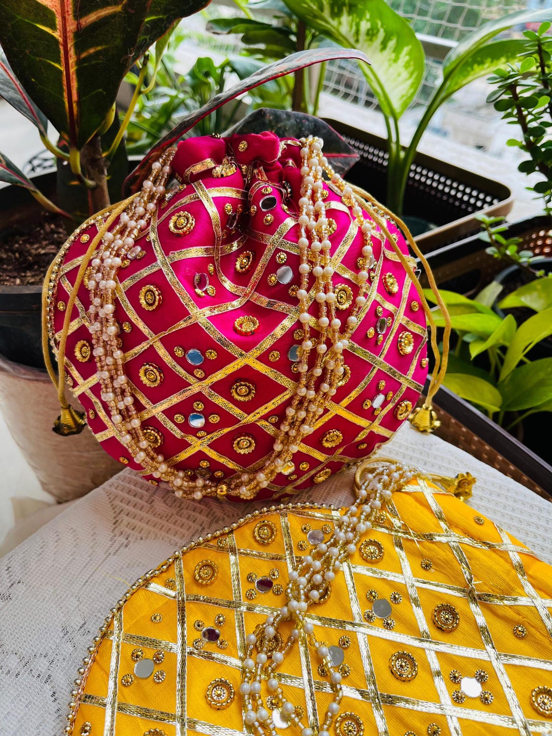 Handmade Silk Potli Bag With Gota Lace & Pearl Handle | Mirror Work ...