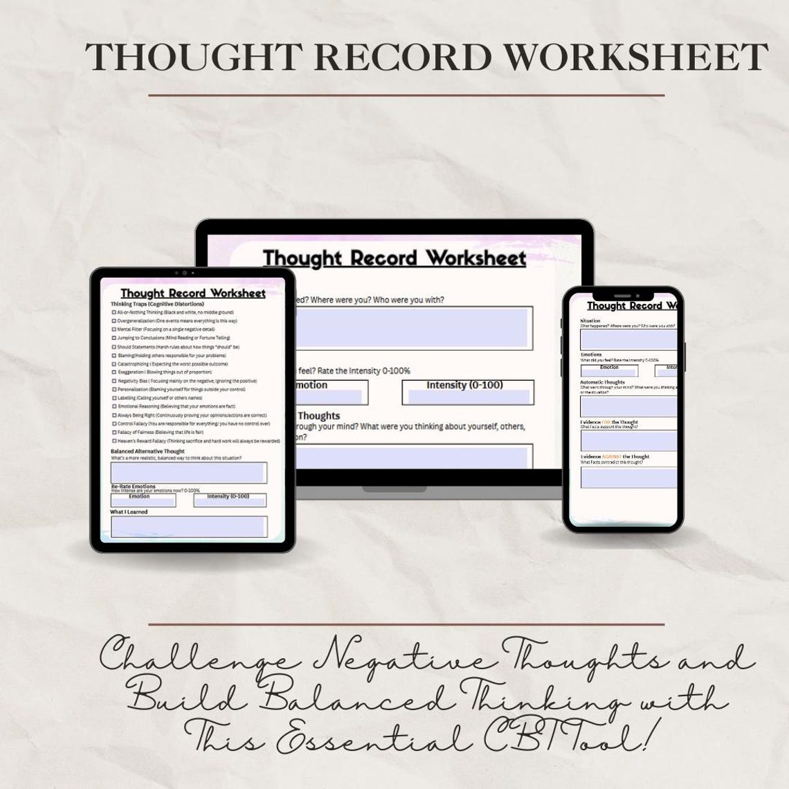 Thought Record Worksheet: Fillable PDF CBT Tool | Cognitive Distortions ...