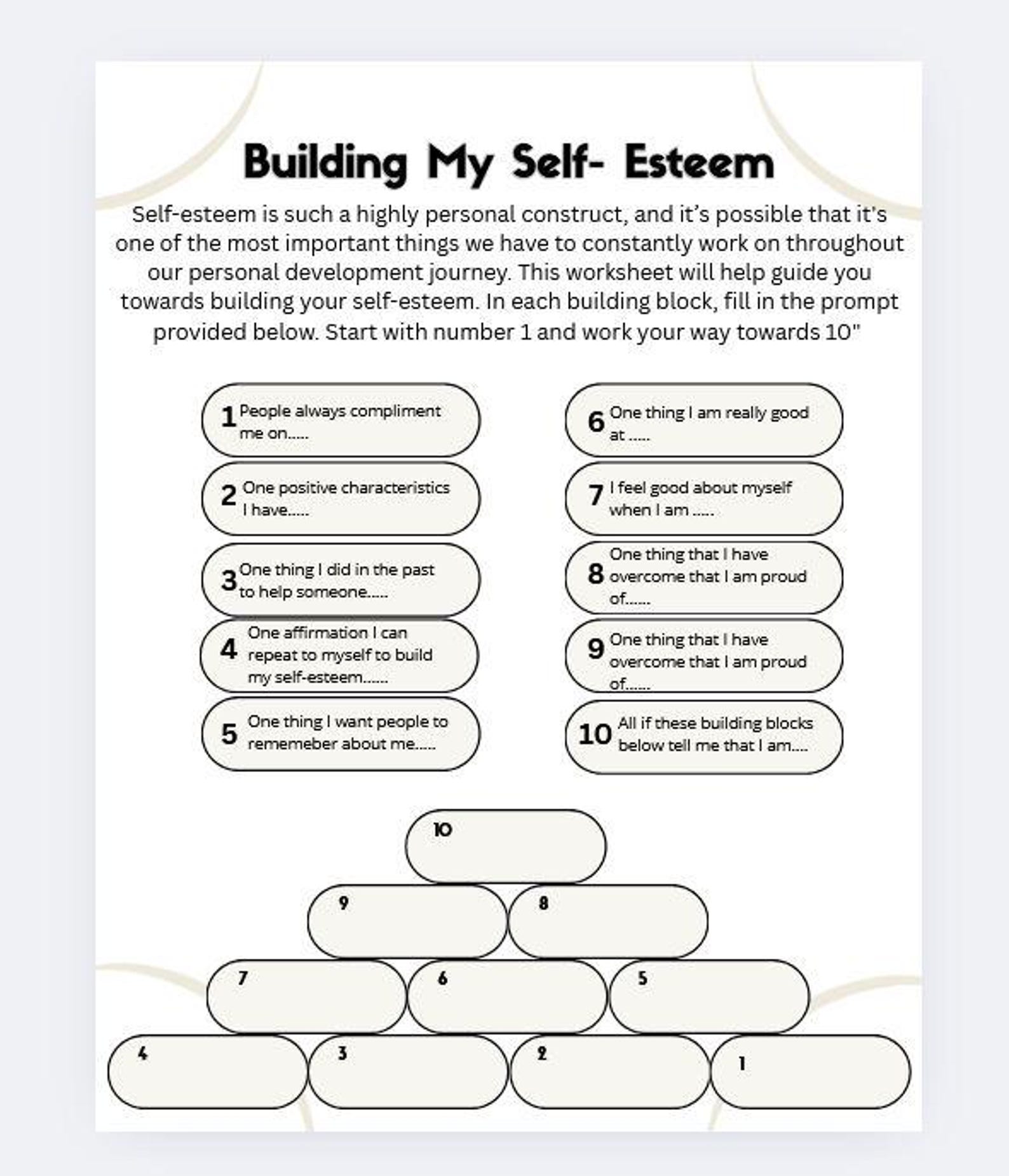 Self-esteem Building Worksheet: Fillable PDF Therapy Tool | Personal ...