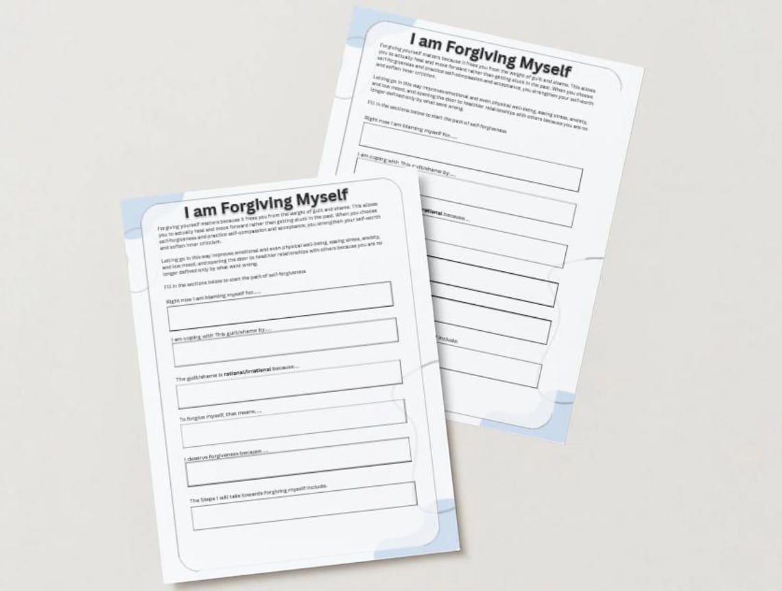 Self-forgiveness Worksheet: Fillable PDF for Healing Guilt & Shame ...