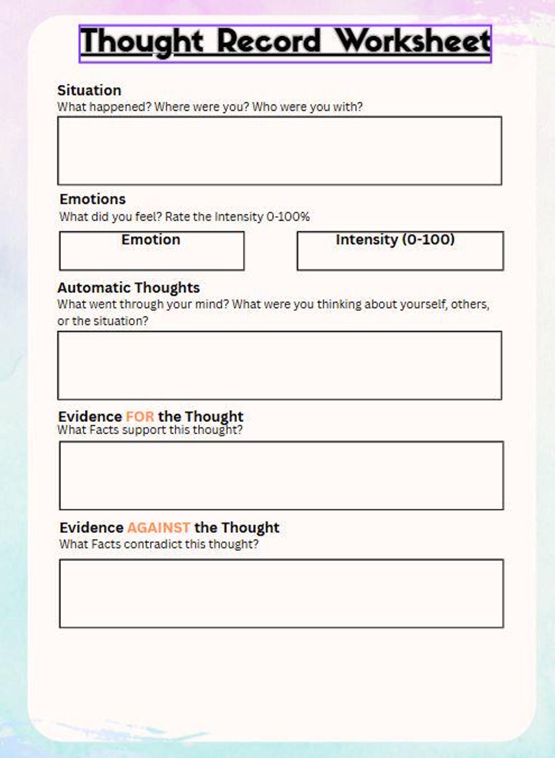 Thought Record Worksheet: Fillable PDF CBT Tool | Cognitive Distortions ...