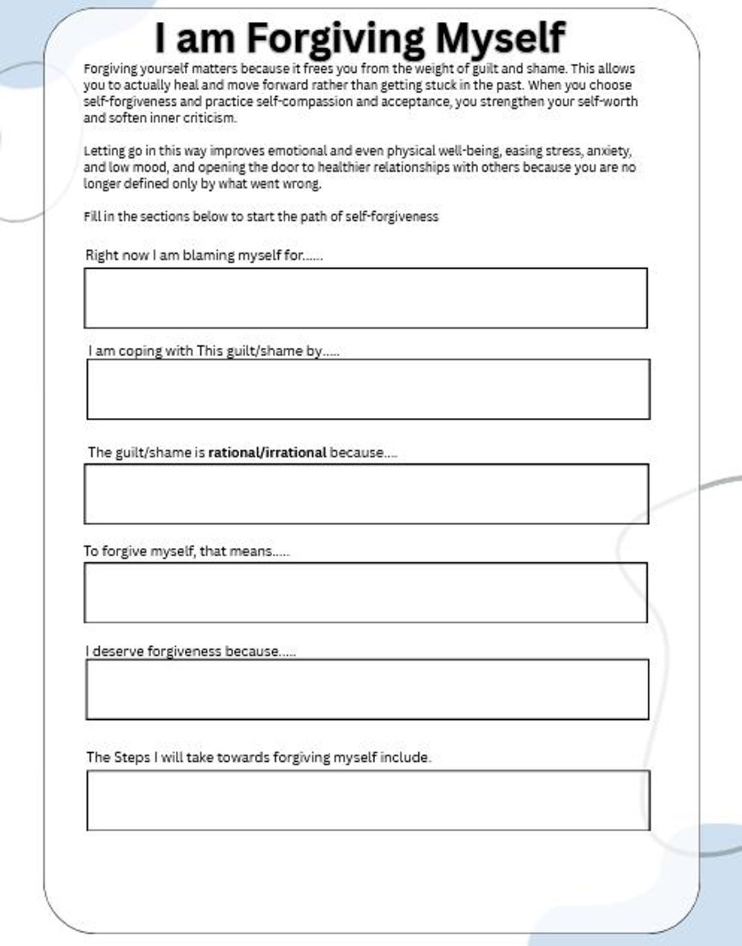Self-forgiveness Worksheet: Fillable PDF for Healing Guilt & Shame ...