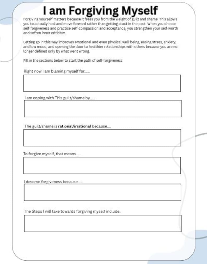 Self-forgiveness Worksheet: Fillable PDF for Healing Guilt & Shame ...