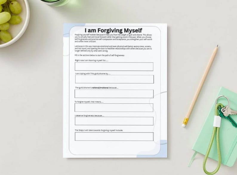 Self-forgiveness Worksheet: Fillable PDF for Healing Guilt & Shame ...