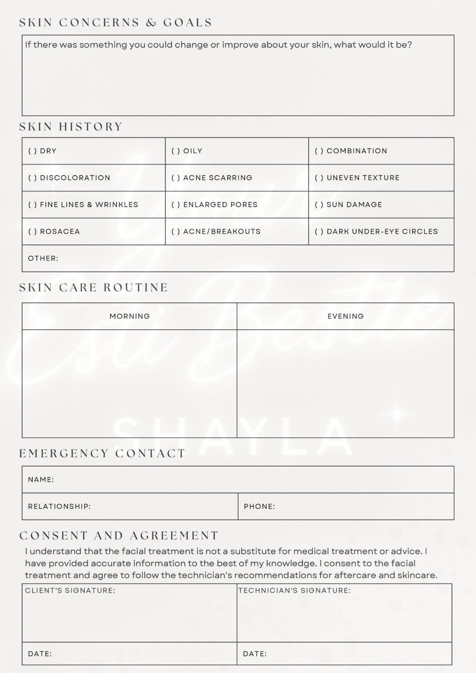 Esthetician Client Intake Form – Clean/modern | Printable & Editable ...