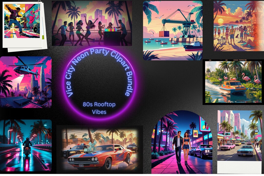 Vice City Neon Party 10 Clipart Bundle | 80s Rooftop Vibes | Synthwave ...