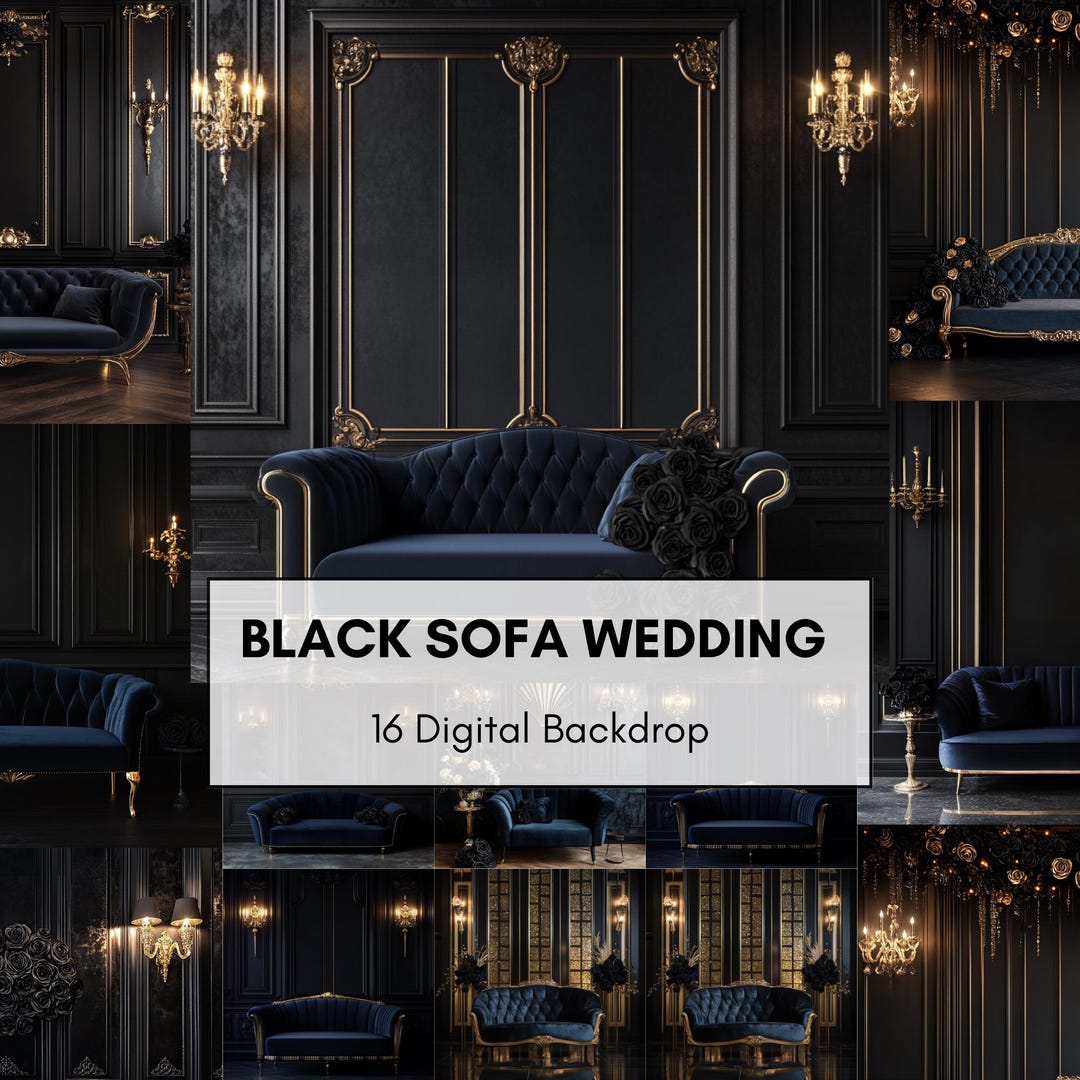 Black Sofa Wedding Backdrop | 16 PNG Digital Backgrounds | Elegant ...