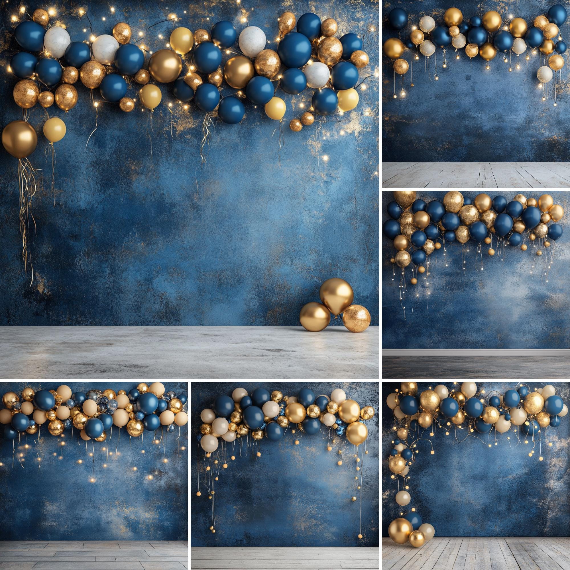 Blue and Gold Balloon Backdrop: Party Photo Backgrounds (16 PNG Digital ...