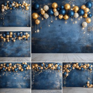 Blue and Gold Balloon Backdrop: Party Photo Backgrounds (16 PNG Digital ...