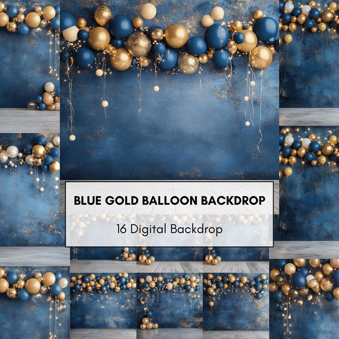 Blue and Gold Balloon Backdrop: Party Photo Backgrounds (16 PNG Digital ...