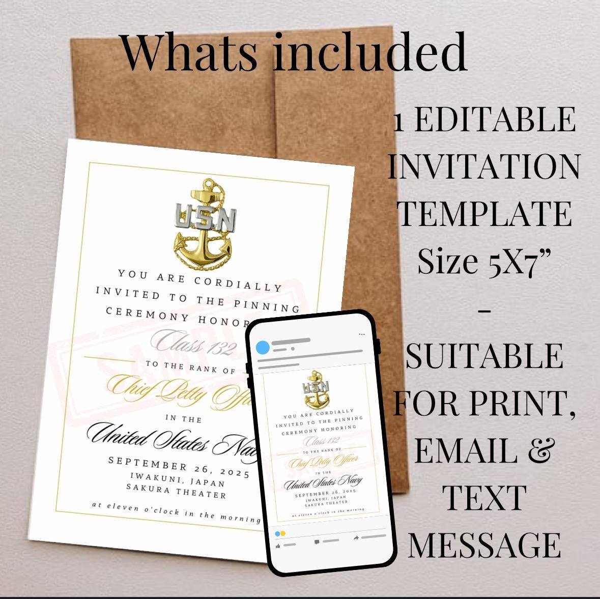 Editable Navy CPO Pinning Invitation Template – Instant Digital ...