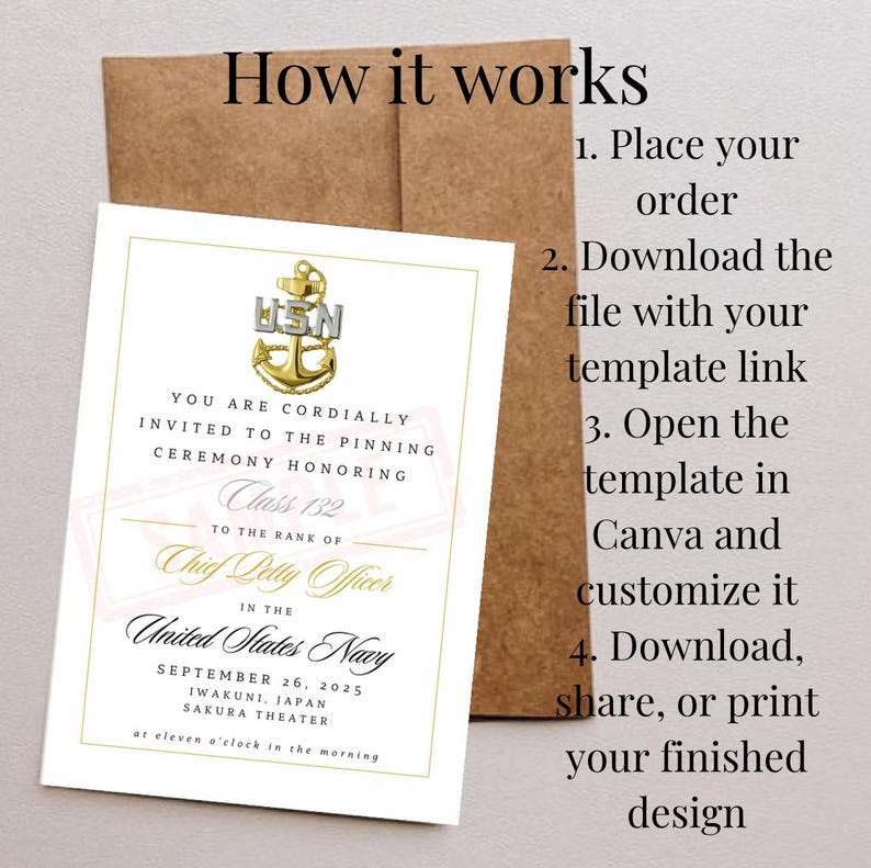 Editable Navy CPO Pinning Invitation Template – Instant Digital ...