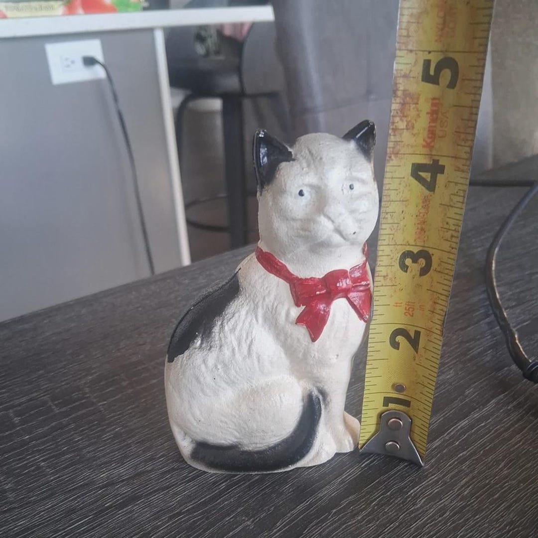 Vtg Antique Painted Cast Iron Metal Cat With Red Bow Bank/doorstop 4 ...
