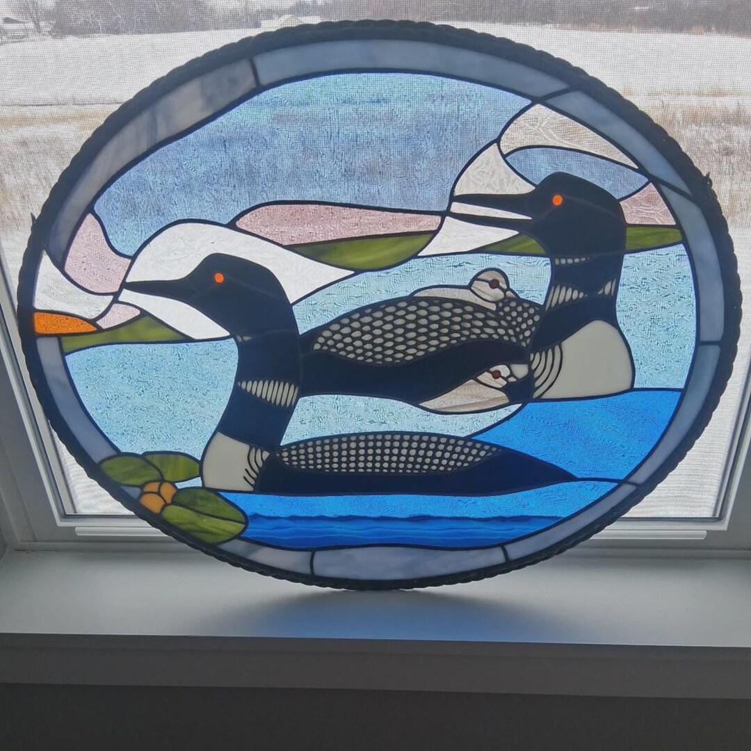 Leaded Beveled Stained Glass Oval Window Panel Loons and Babies 26.5 X ...
