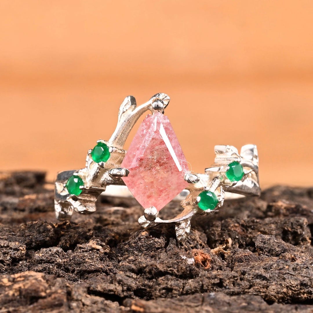 Nature Inspired Kite Cut Strawberry Quartz Engagement Ring Vintage ...