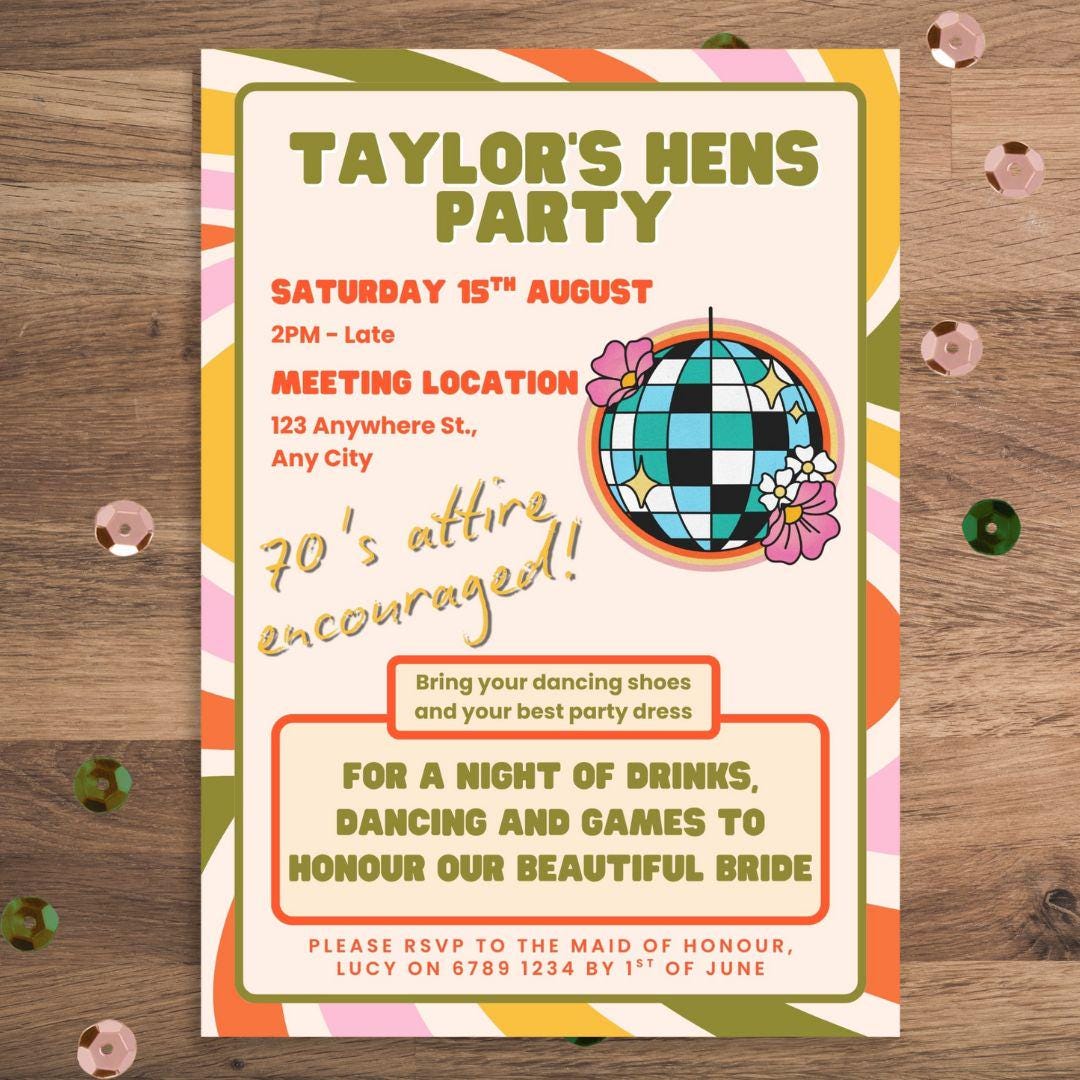 Retro Hens Night Invitation | Editable Canva Template | 70's | Disco - Etsy