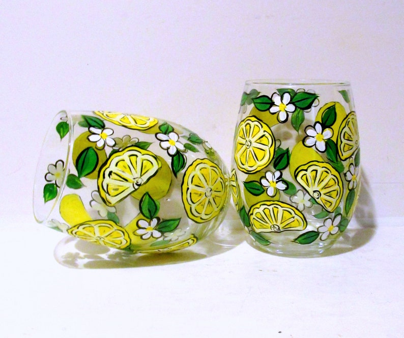 Fun Lemons Hand Painted Set of 2 - 21 Oz. Stemless Wine Glasses, Summer ...