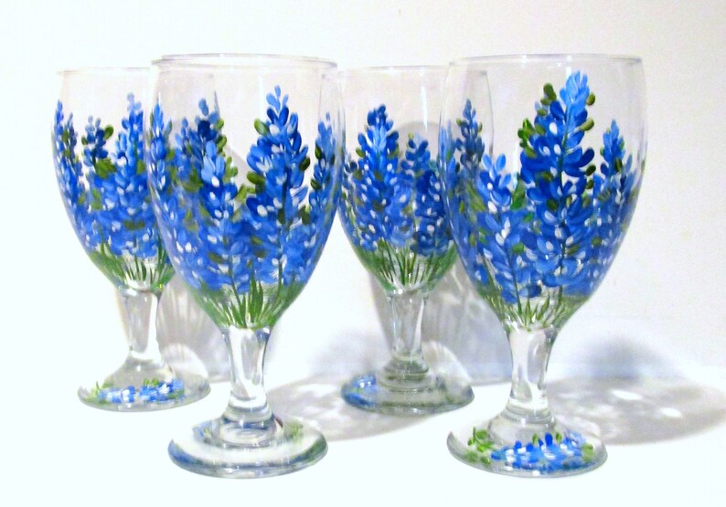 Bluebonnets Hand Painted Tea Glasses Set of 4 - 16 Oz. Texas State ...