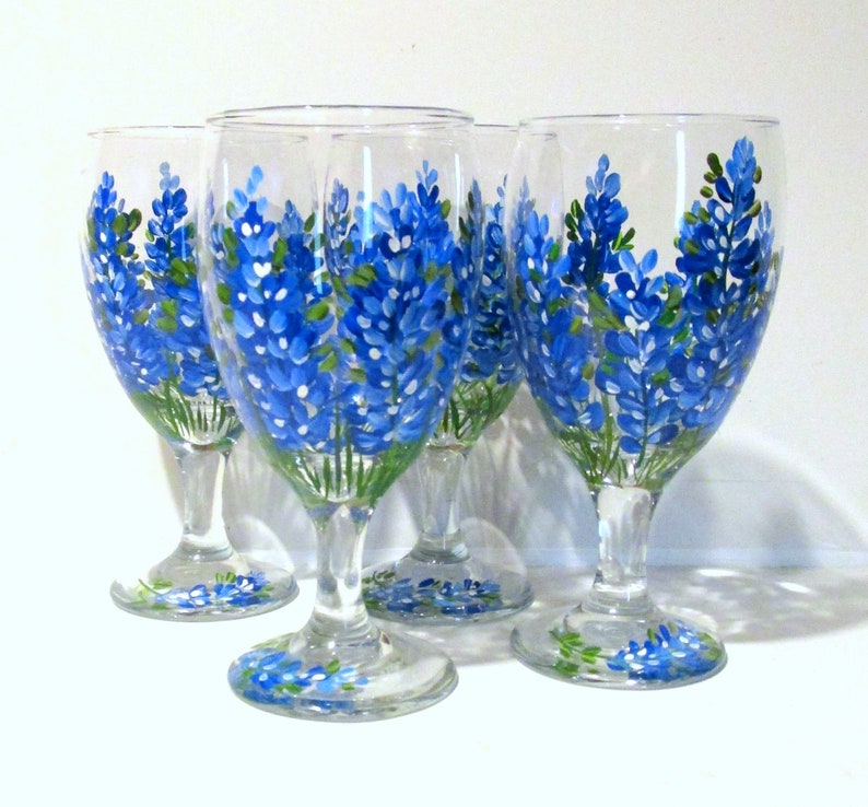 Bluebonnets Hand Painted Tea Glasses Set of 4 - 16 Oz. Texas State ...