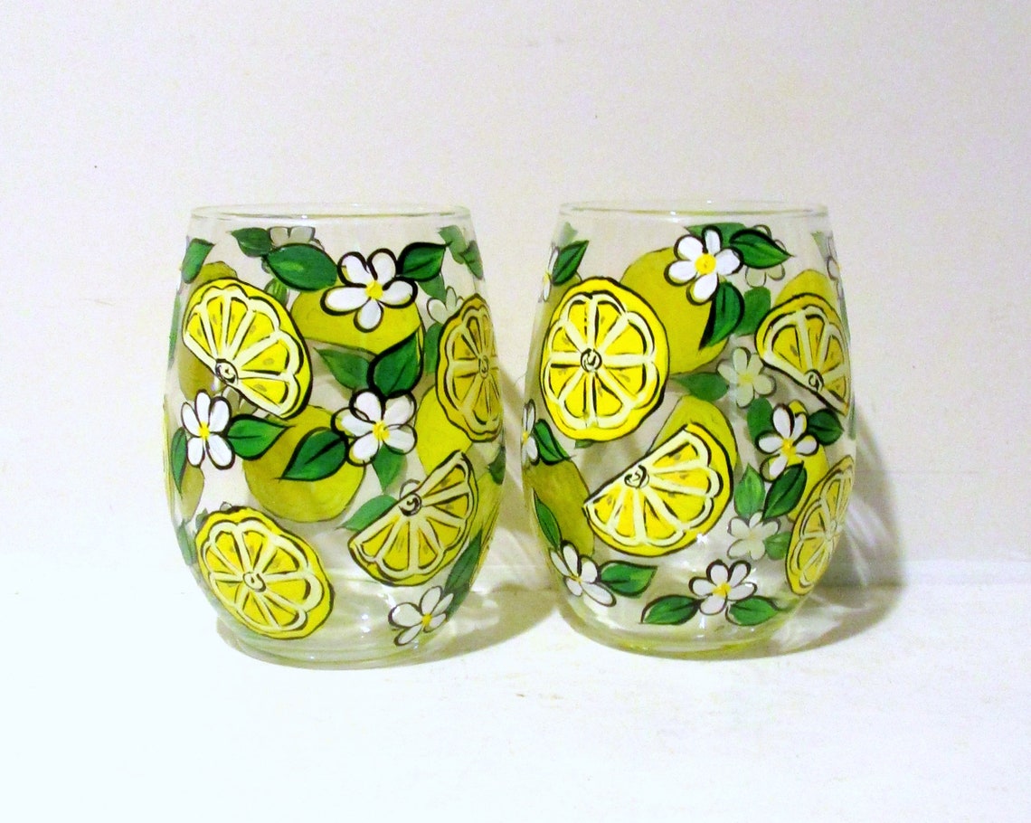 Fun Lemons Hand Painted Set of 2 - 21 Oz. Stemless Wine Glasses, Summer ...