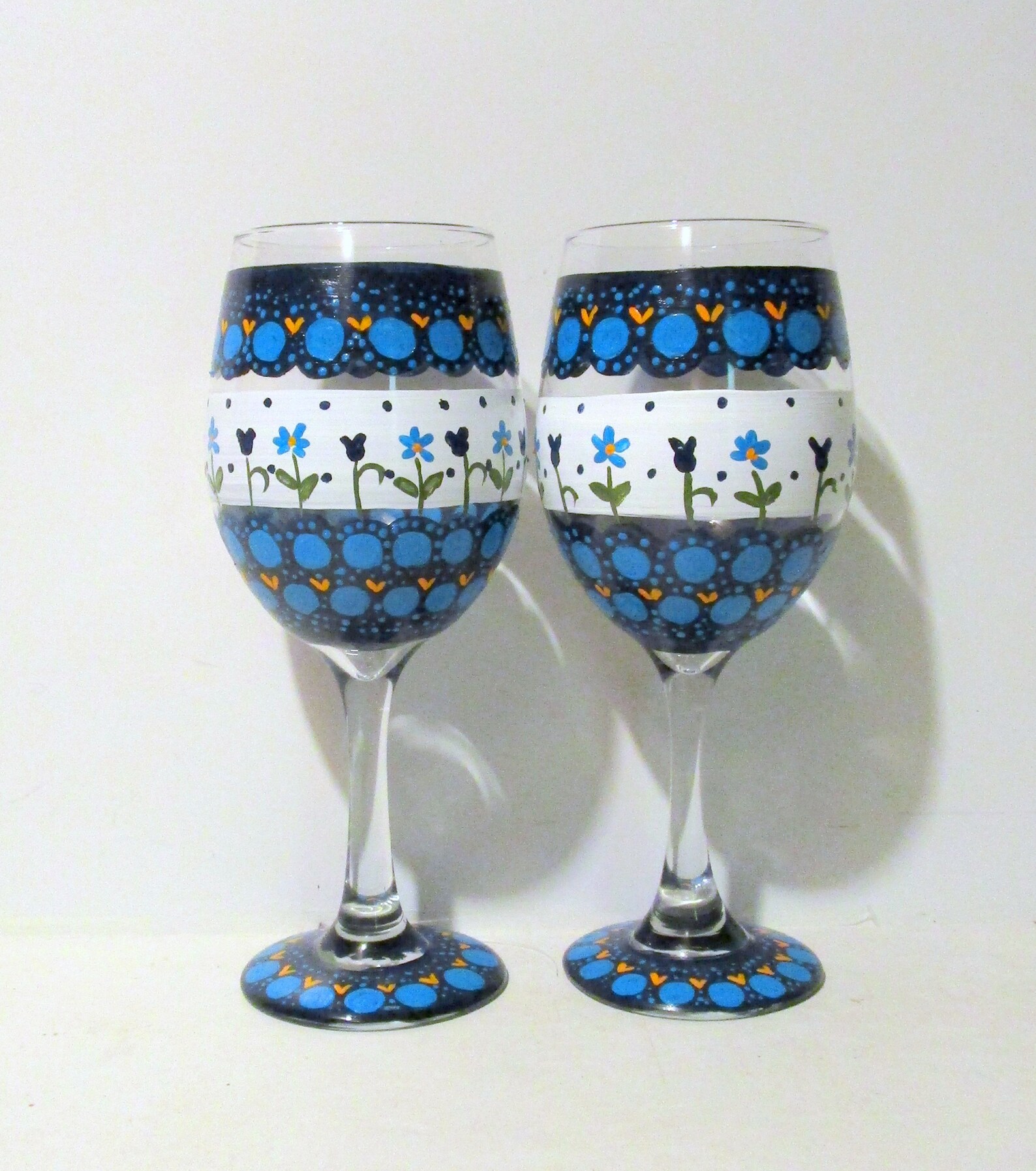 Hand Painted Wine Glasses Polish Design Blue and White | Etsy