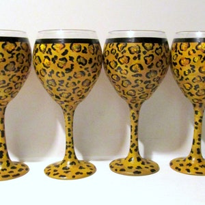 Leopard Animal Print Set - 4 20 Oz Hand Painted Wine Glasses Jungle ...