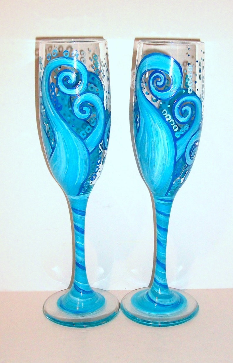 Ocean Blue Waves Hand Painted Wedding Champagne Flutes Set of 2- 6 Oz ...